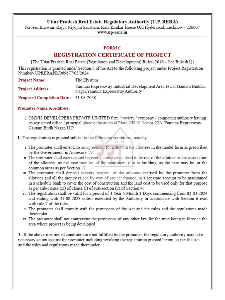 Registration Certificate of Project: Uttar Pradesh Real Estate ...