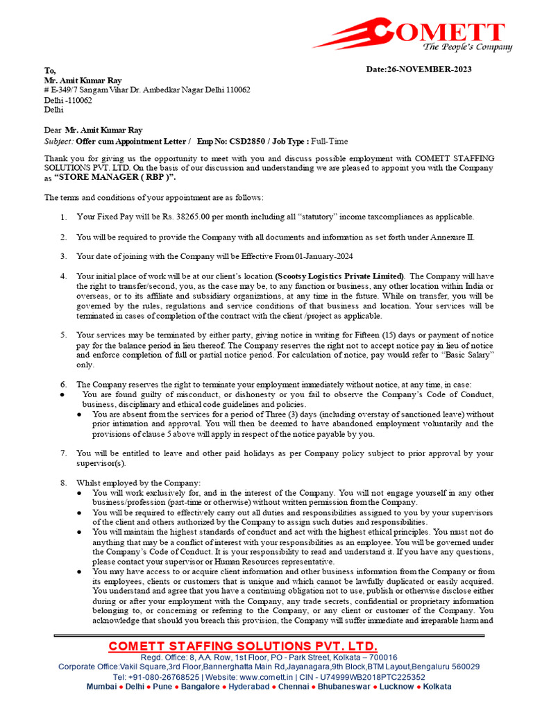 Amit Kumar Ray (CSD2850) - Offer Letter | PDF | Identity Document | Justice