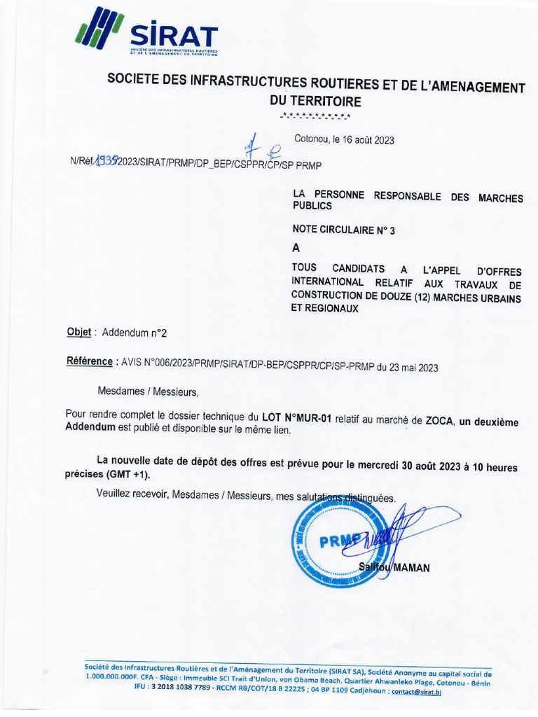 Note Circulaire N°2 Construction Des 12 Marchés - Addendum N°2 | PDF