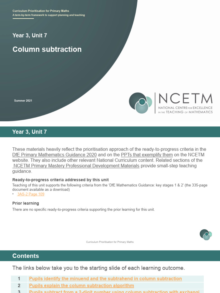 CP Year 3 Unit 7 Column Subtraction | PDF | Subtraction | Curriculum