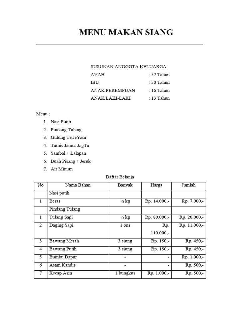 Menu Makan Siang Perlombaan Pindang Tulang | PDF