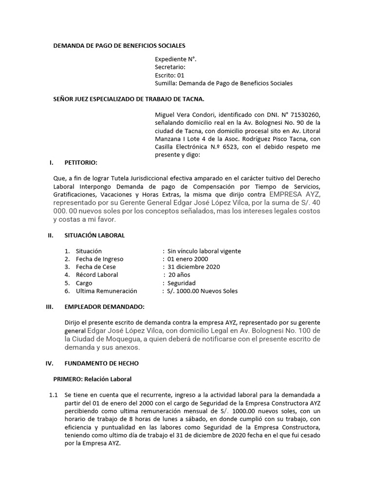 DEMANDA DE PAGO DE BENEFICIOS SOCIALES | PDF | Derecho laboral | Salario