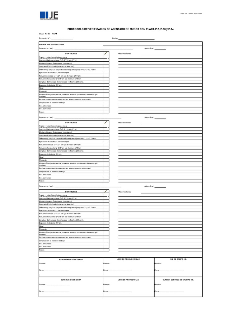 019 Protocolo de Asentado de Muros P-7, P-10 y P-14 - MAPB | PDF
