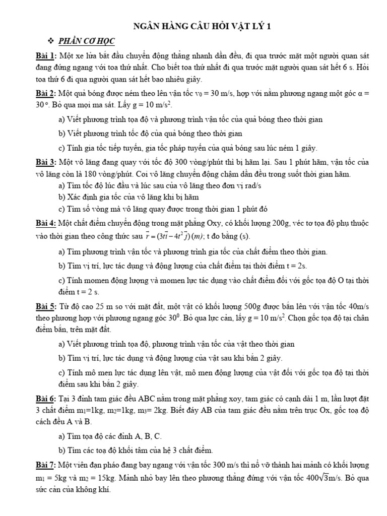 Bai Tap On Tap Vat Ly 1 - 2023-2024 | PDF