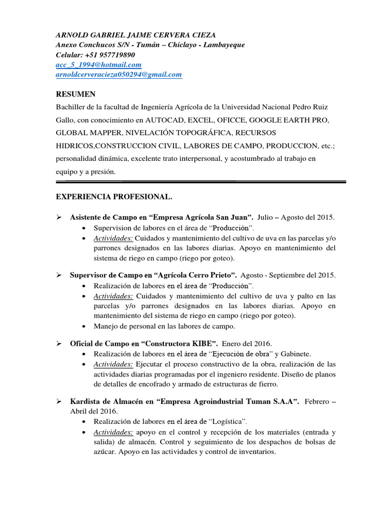 CV Bachiller Arnold Gabriel Jaime Cervera Cieza 2023 | PDF | Riego ...