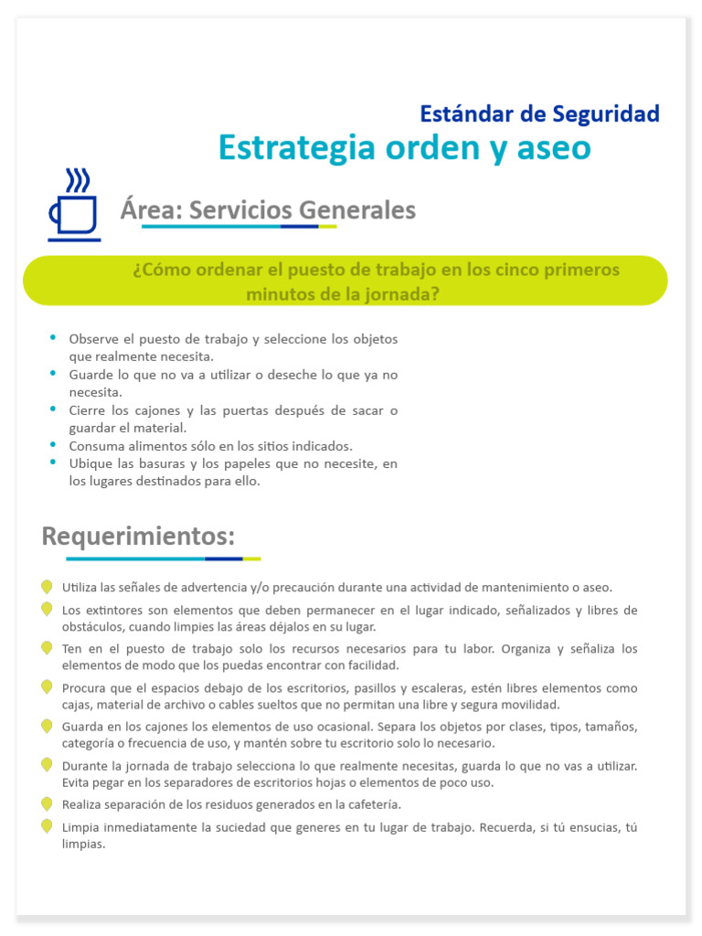 Estándar Orden y Aseo - Área Servicios Generales | PDF
