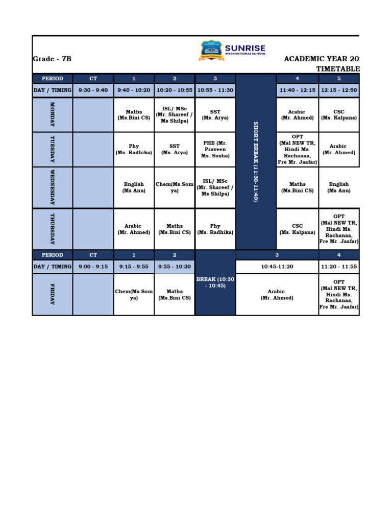 GR-7 Class Time Table 2024-25 | PDF