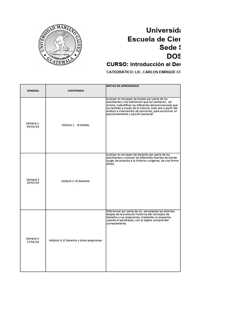 Dosificación Del Curso de Introduccion Al Derecho. Sección A | PDF ... Dosificación Del Curso de Introduccion Al Derecho. Sección A | PDF ...