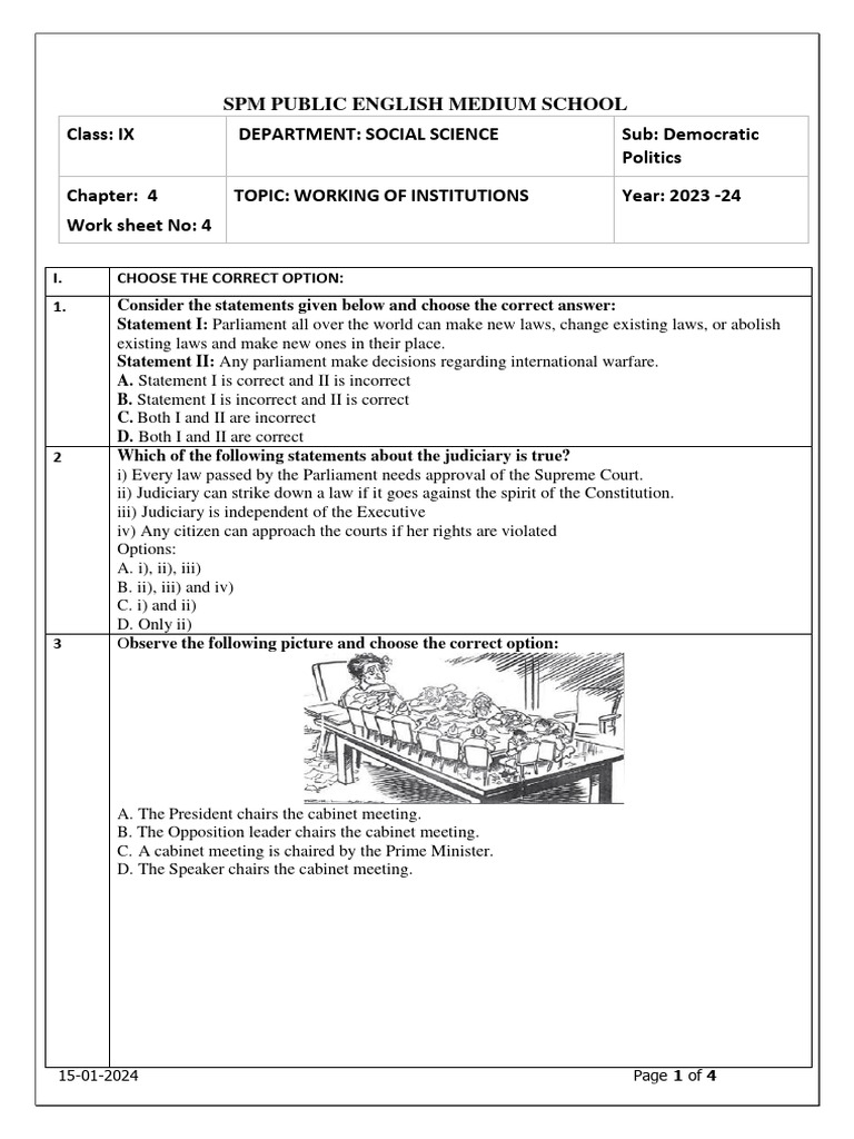Class 9 Worksheet: Working of Institutions | PDF | Separation Of Powers ...