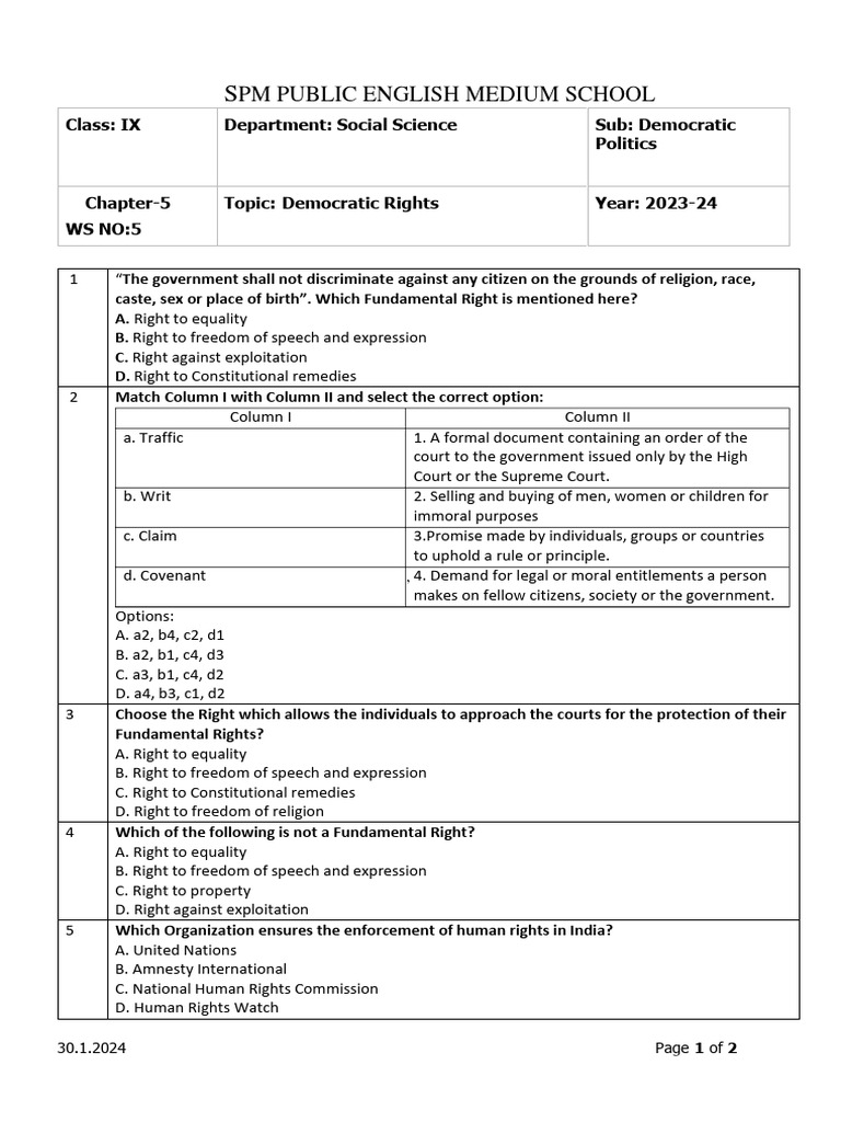 Class 9 Democratic Rights Worksheet | PDF | Human Rights | Political ...