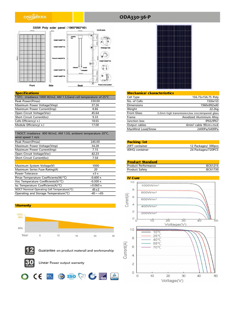 Especifica o T Cnica - Painel Solar Fotovoltaico 330W - OSDA ODA330-36-P | PDF | Electronics ...