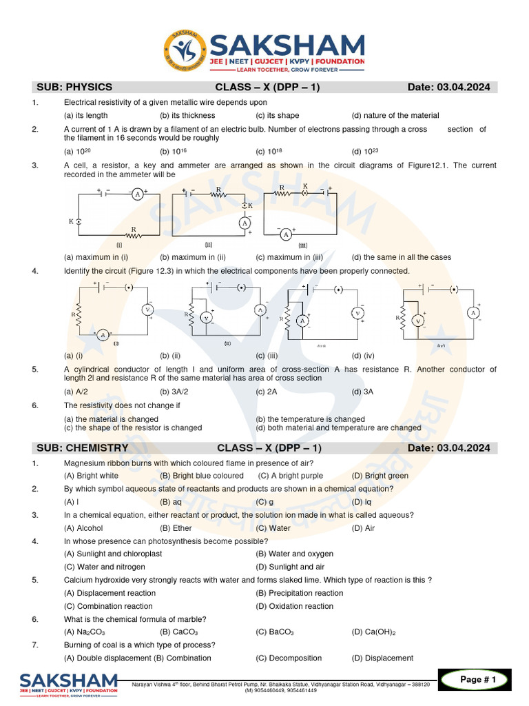 CLASS - 10 DPP (C.V. PATEL) | PDF | Electrical Resistance And Conductance | Electrical ...