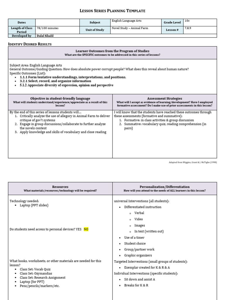 Animal Farm Lesson Series Template | PDF | Learning | Lesson Plan