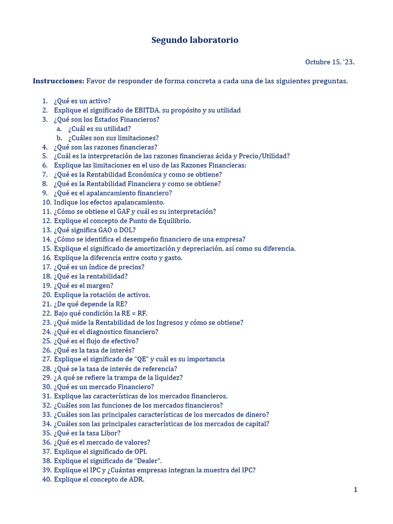 Segundo Laboratorio: Instrucciones: Favor de Responder de Forma Concreta A Cada Una de Las ...
