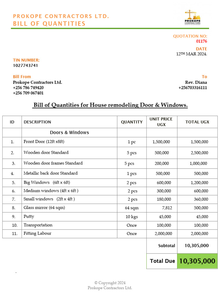 Bill of Quantities For Rev Diana Doors and Windows | PDF | Money | Banking