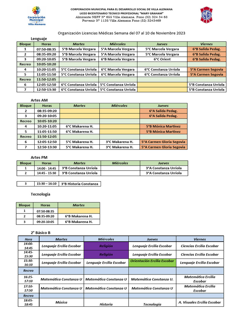 Organización Clases Semana 07 Noviembre 2023 | PDF