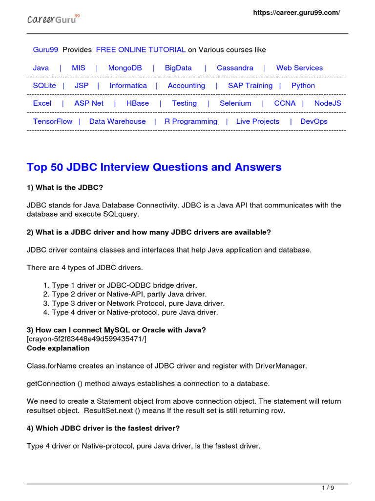 JDBC Interview | Download Free PDF | Databases | Sql