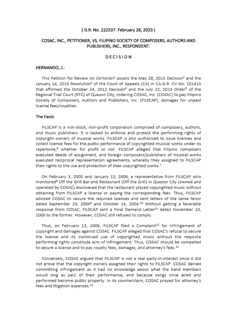 Cosac, Inc. v. FILSCAP | PDF | Copyright | Copyright Infringement