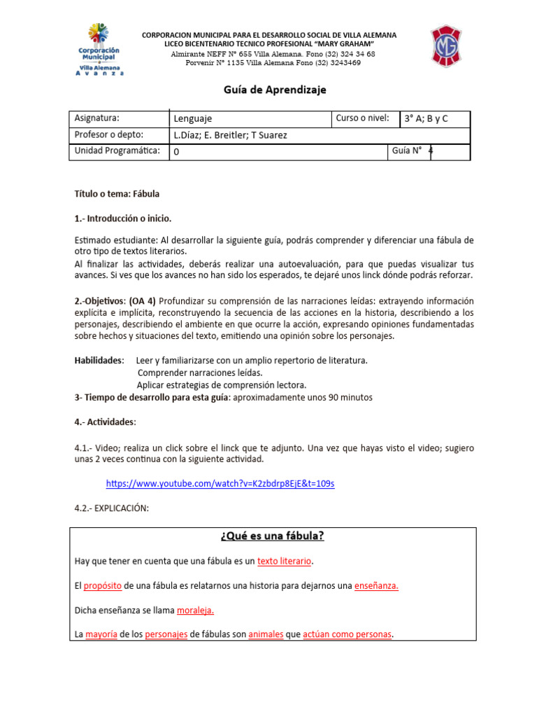 Guías-de-lenguaje-4-Aprendizaje-1 | PDF | Fábula