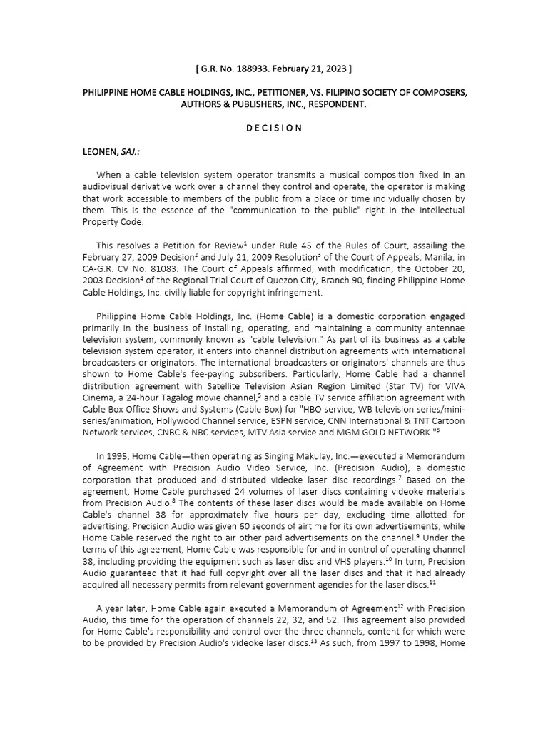 Philippine Home Cable v. FILSCAP | PDF | Copyright | Lawsuit