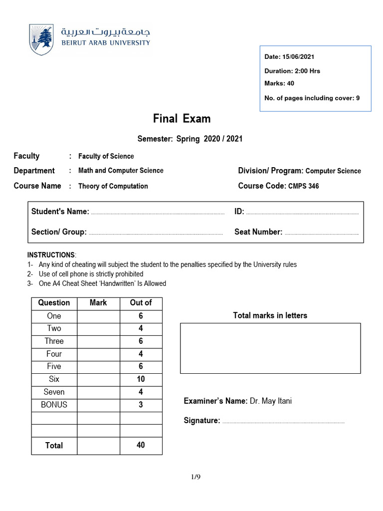 FinalTheorySpring2021 | PDF | Theoretical Computer Science | Syntax (Logic)