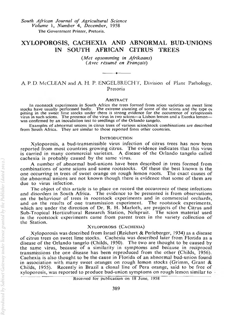 1958 Xiloporosis, Cachexia y Union de Injerto Anormal en Sud Africa ...