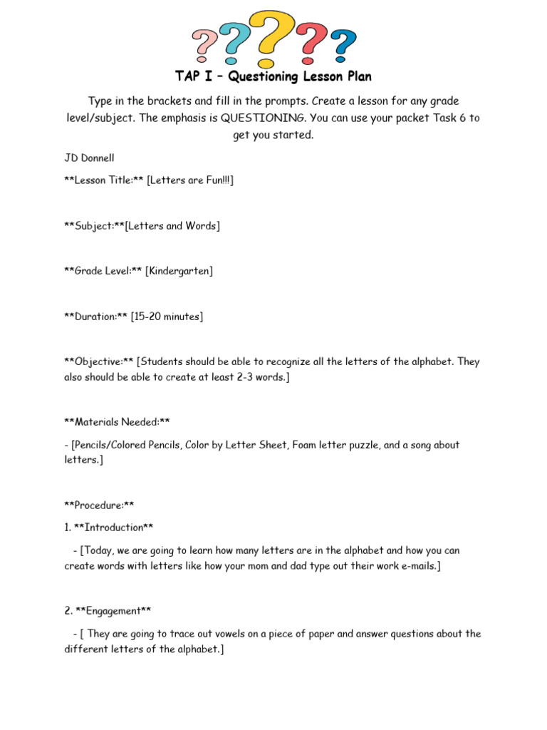 Tap I - Questioning Lesson Plan 1 | PDF | Alphabet | Cognitive Science