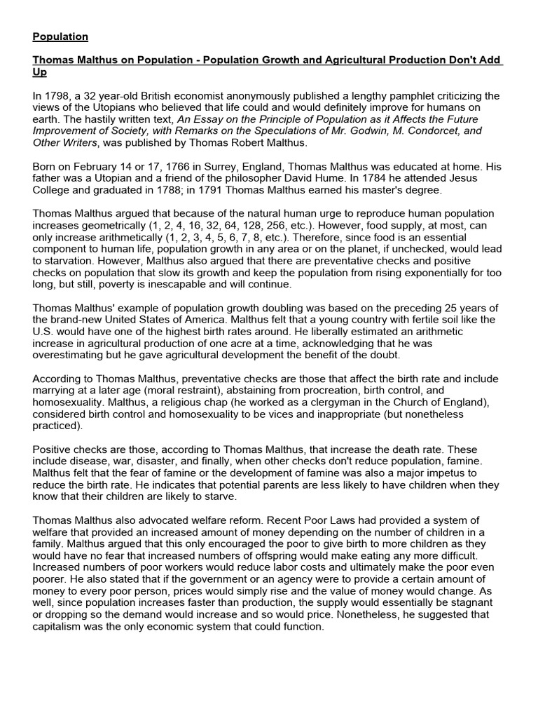 Thomas Malthus On Overpopulation | PDF | Economies | Economics