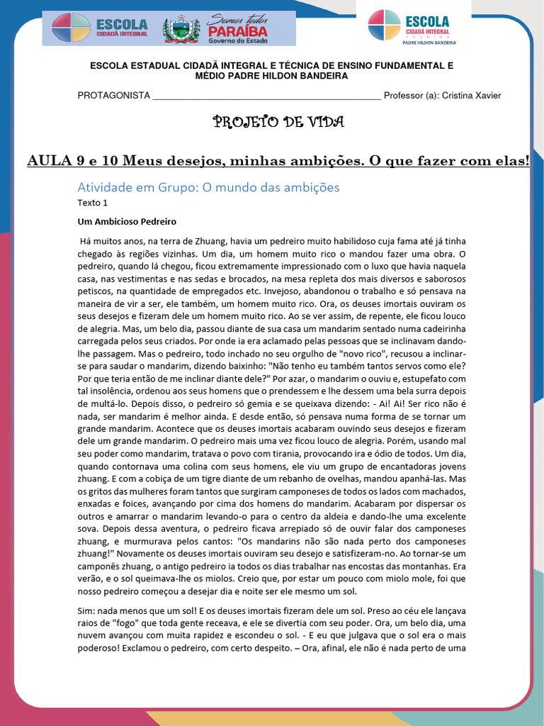 AULA 9 e 10 DE PROJETO DE VIDA 2 ANO 24 | PDF | Pensamento