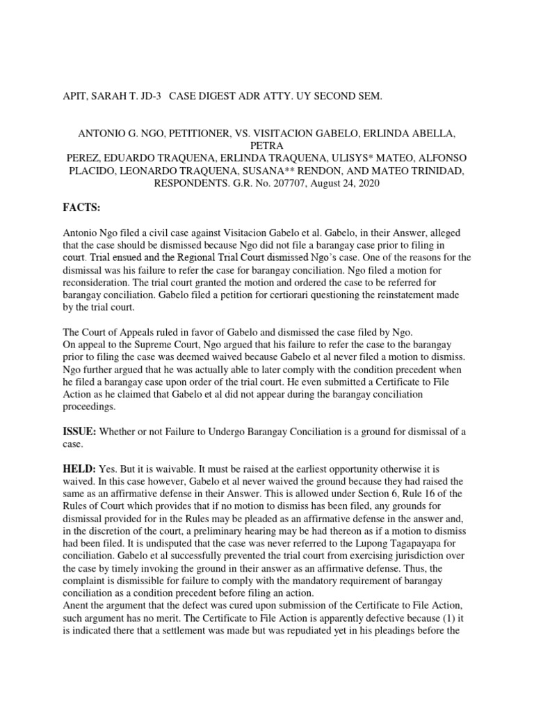 Legal Case Digest: Barangay Conciliation | PDF | Complaint | Power Of Attorney
