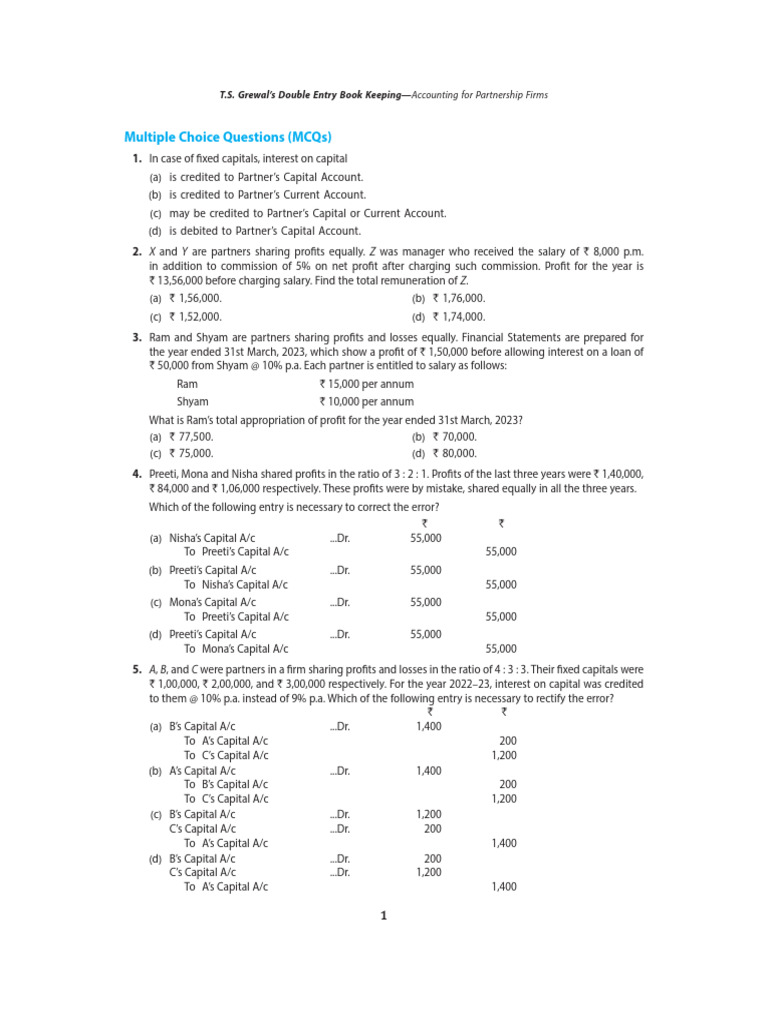 Chapter-1 (Additional MCQs and Assertion-Reason Based MCQS) | PDF | Partnership | Interest