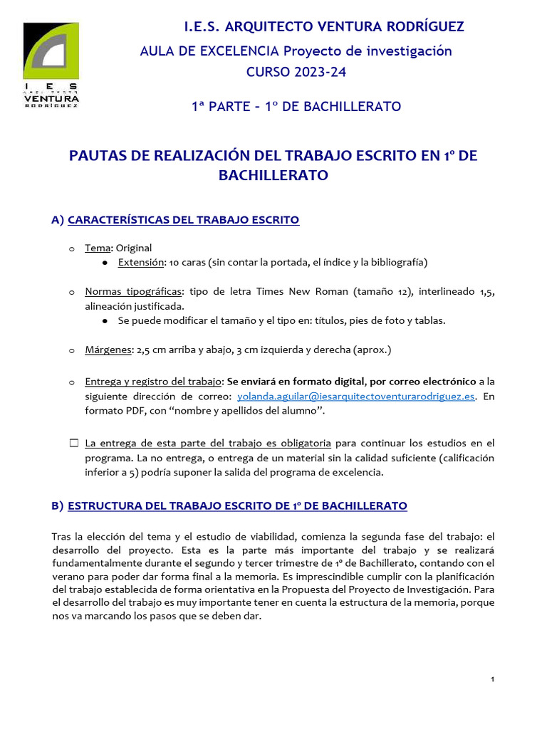 2023-24 Pautas Trabajo Escrito 1º Bach | PDF