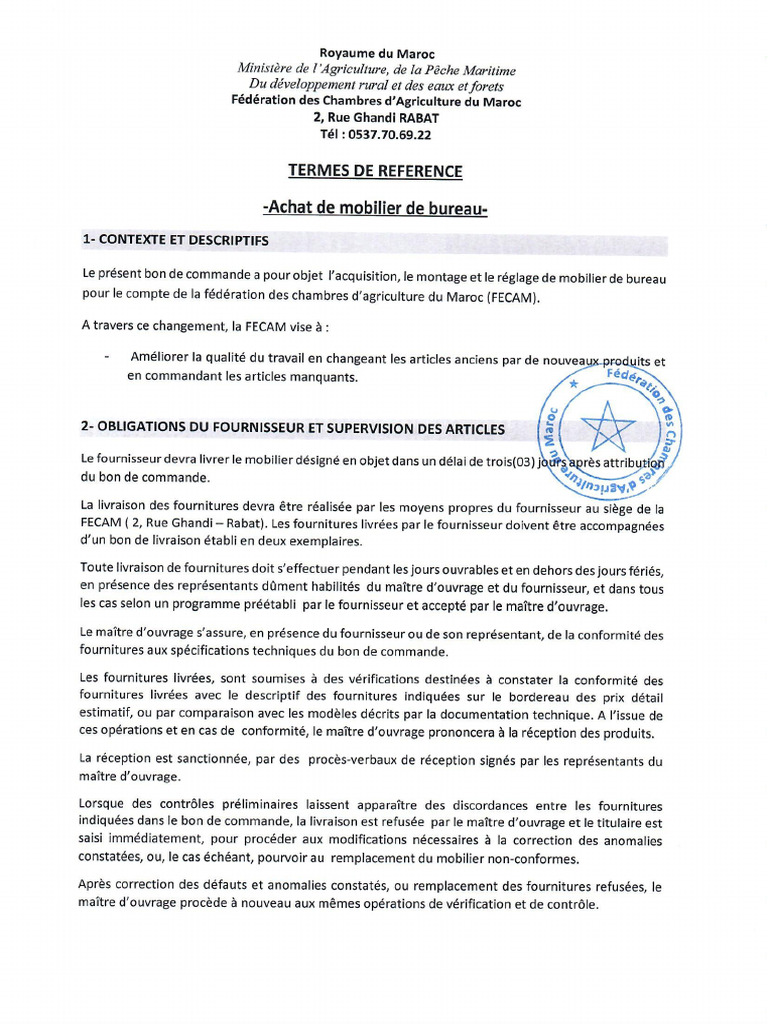 Termes de Références Mobilier | PDF