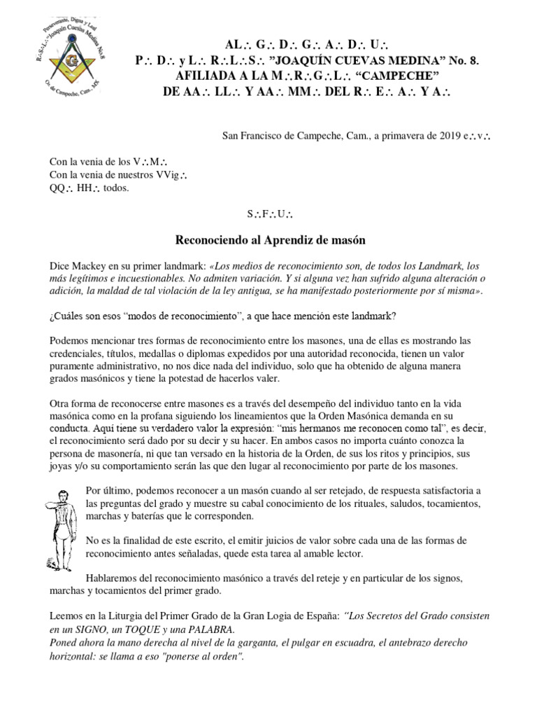Reconociemto Del Aprendiz Masón | PDF | Masonería | Mano