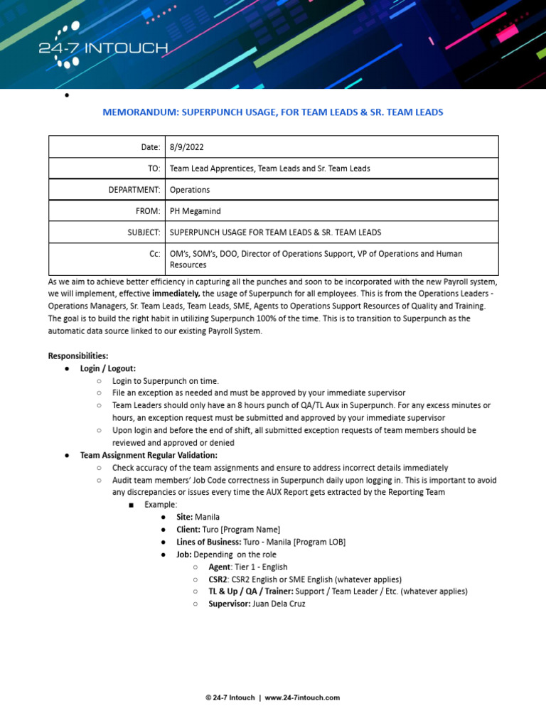 Memorandum - Superpunch Usage For Team Leads & Sr. Team Leads | PDF