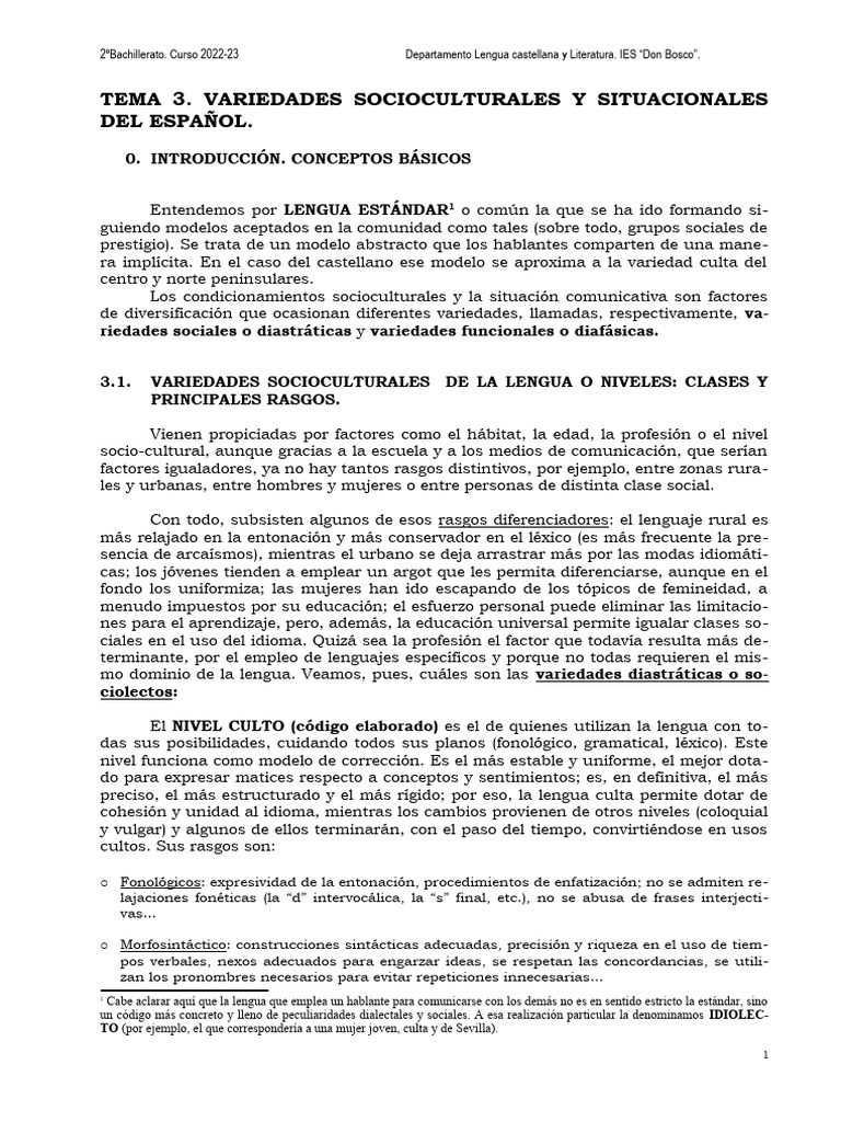 Tema 3. Variedades Socioculturales y Situacionales Del Español. | PDF ...