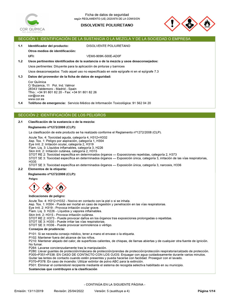 Ficha de Seguridad Disolvente-Poliuretano-Dirsa-878 | Descargar gratis ...