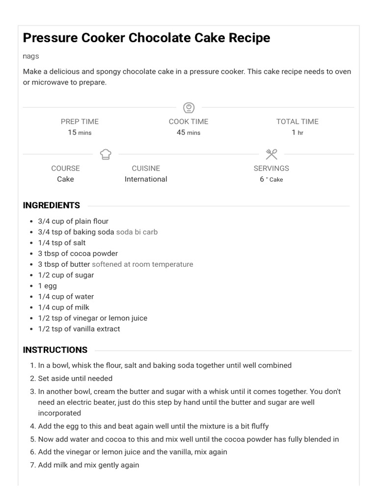 Pressure Cooker Chocolate Cake Recipe | PDF | Cakes | Pressure Cooking