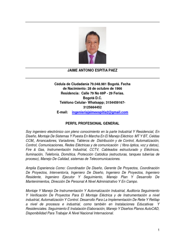 Hoja de Vida Jaime Espitia 2024 RB | PDF | Ingenieria Eléctrica ...