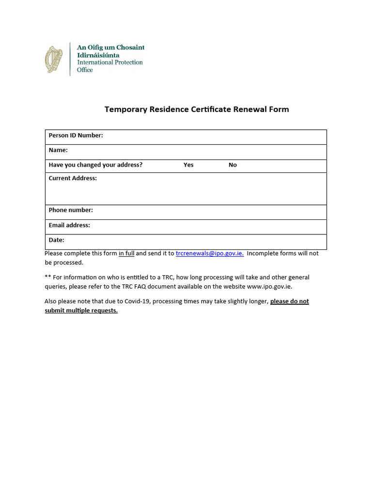 Temporary Residence Certificate Renewal Form 2.0 | PDF