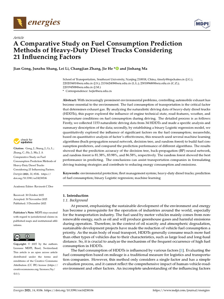 A Comparative Study On Fuel Consumption Prediction Methods of Heavy-Duty Diesel Trucks ...