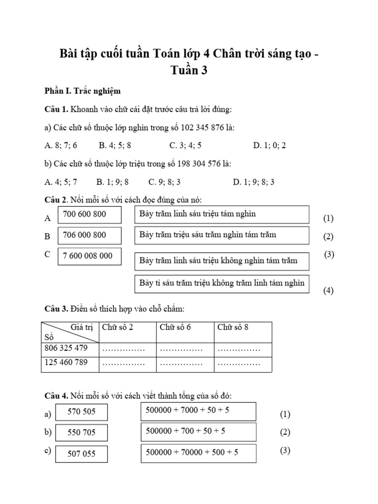 Bai Tap Cuoi Tuan Mon Toan Lop 4 Tuan 3 CTST | PDF