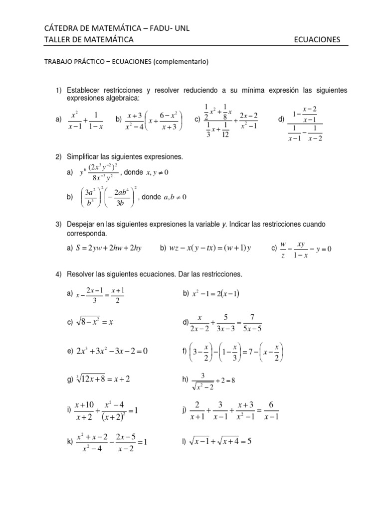 Taller de Matemática - ECUACIONES - TP - Complementario | PDF | Triángulo | Geometría