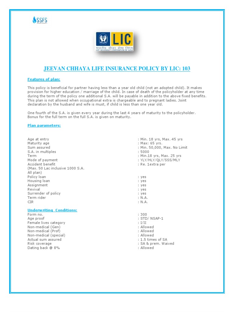 LIC Jeevan Chhaya Plan 103 Benefits | PDF
