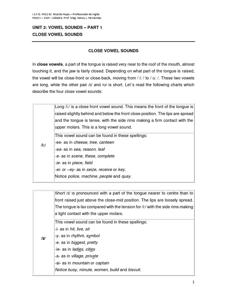 Unit 2 - Vowel Sounds - Part 1 - Close Vowels | PDF | Vowel | Syllable