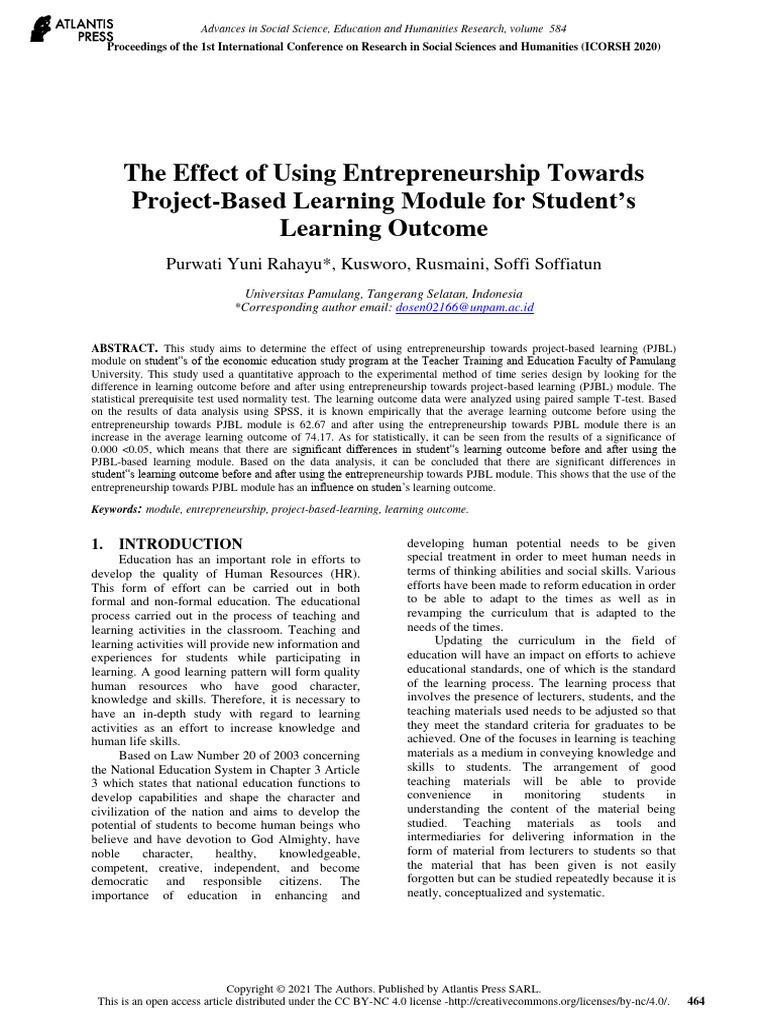 The Effect of Using Entrepreneurship Towards Project-Based Learning Module For Student's ...