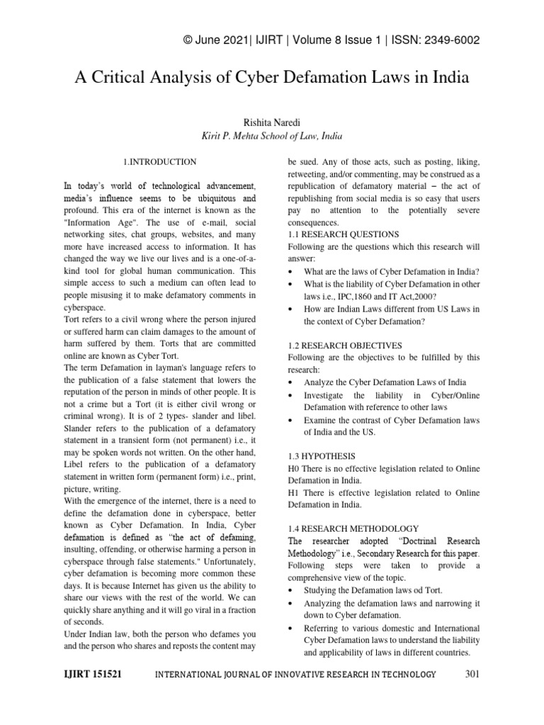 A Critical Analysis of Cyber Defamation Laws in India | PDF ...