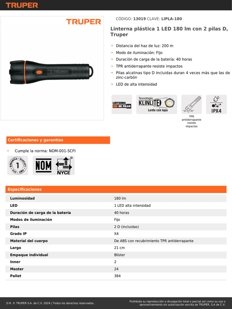 Linterna Plástica 1 LED 180 LM Con 2 Pilas D, Truper: CÓDIGO: 13019 CLAVE: LIPLA-180 | PDF ...