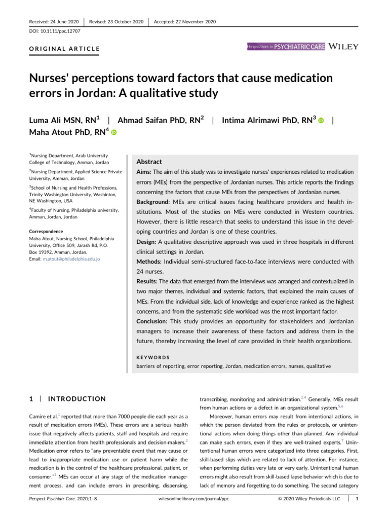 Nurses' Perceptions Toward Factors That Cause Medication Errors in Jordan: A Qualitative Study ...