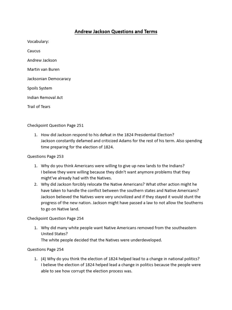 Andrew Jackson Questions and Terms | PDF